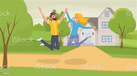점프 커플 플랫 벡터 그림입니다 아내와 남편 만화 캐릭터는 새로운 집으로 이동 축하 나무 부동산 사이에서 집 근처 뛰어 밝고