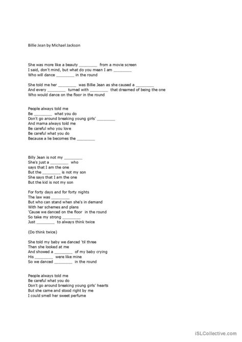 Billie Jean By Michael Jackson Nurse English ESL Worksheets Pdf Doc