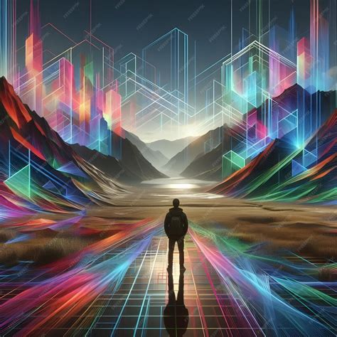 Ai Of Someone Stands By An Empty Field Abstract Neon Structures In The Multidimensional