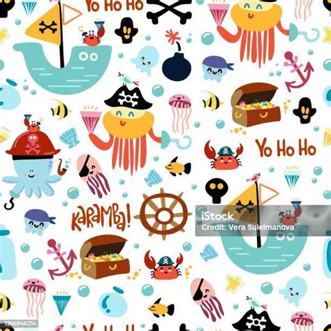 귀여운 바다 해적과 벡터 원활한 패턴 손으로 그린 재미있는 벡터 패턴 해적 모자 게 해파리 보물 물고기 및 거품에 귀여운 문어 축하 행사 포스터 초대장 및 어린이 직물 장식