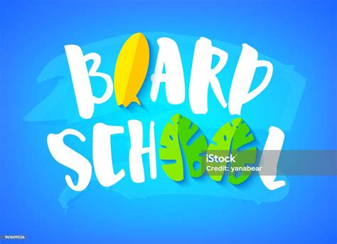 서핑 보드 종 려 잎 및 텍스트 파란색 배경에 밝은 여름 배너 평면 디자인입니다 벡터 카드입니다 개념에 대한 스톡 벡터 아트 및 기타 이미지 Istock