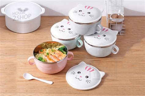 ชามสแตนเลส ลายแมวสุดน่ารัก พร้อมฝาปิดและช้อน