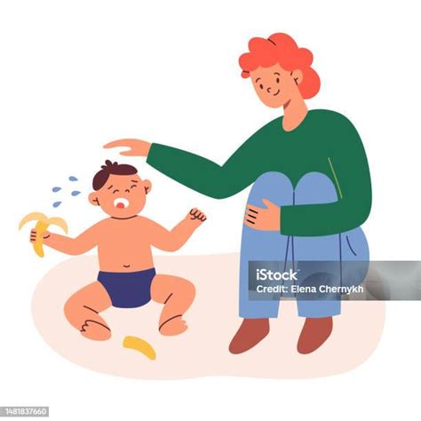 아이를 위로하는 어머니 깨진 바나나 위에 우는 아이 엄마 달래는 비명을 지르는 아기 손으로 그린 구성 육아의 벡터 삽화 짜증