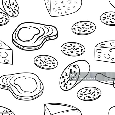 흰색으로 분리 된 소시지 스테이크 및 치즈 원활한 패턴을 간략하게 설명하십시오 스텐실 음식 벡터 스톡 일러스트를 스케치합니다 Eps 10 갈비 음식에 대한 스톡 벡터 아트