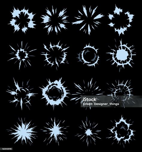 폭발 스파크 세트 벡터 만화 붐과 강타의 만화 버스트 효과 폭탄 폭발 또는 폭발력 에너지 플래시가 검은색으로 켜지고 전쟁 게임 공격 애니메이션이 발생합니다 충격에 대한 스톡