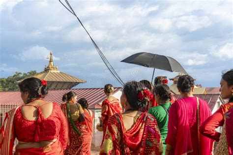 Nepali Hindu Festival Teej Celebration With Women Wearing Red Dancing