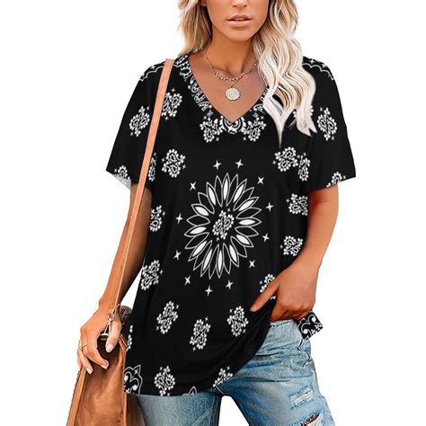 Bandana Black Print O Neck Off The Shoulder Top Short Sleeved T Shirt