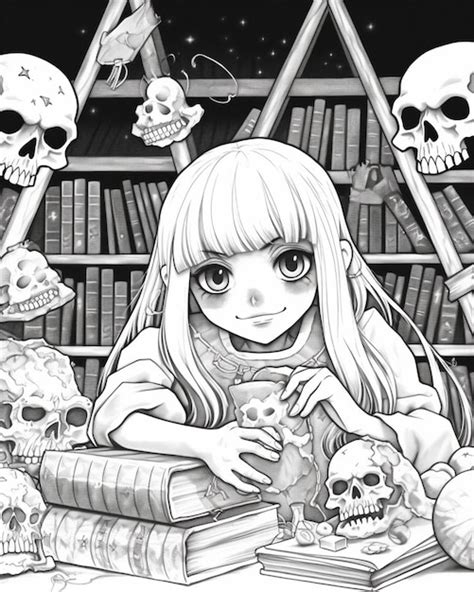 Premium Ai Image A Drawing Of A Girl Sitting At A Table With Skulls