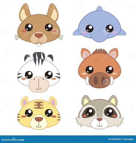 Sex Gulliga Tecknad Filmdjurhuvud Vektor Illustrationer Illustration