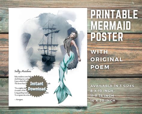Printable Mermaid Poster Poetry Wall Art Salty Maidens Etsy