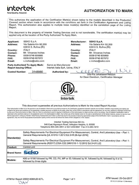 Product Certification Etl Mark Kontrol 100 Pdf