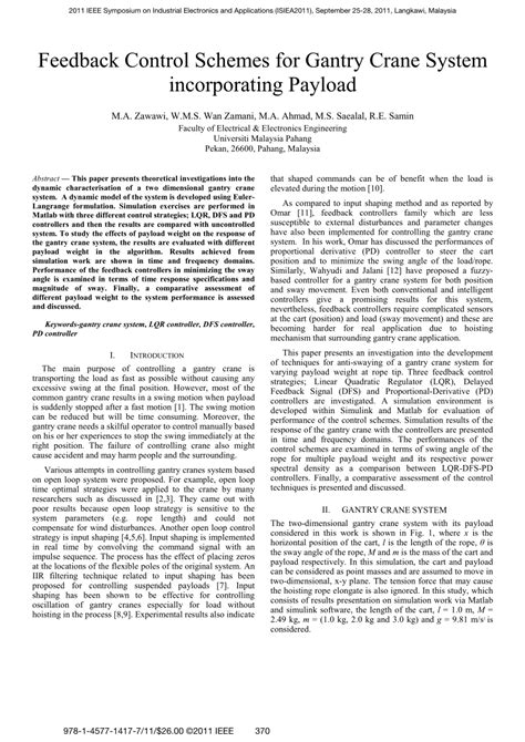 Pdf Feedback Control Schemes For Gantry Crane System Incorporating