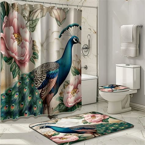 Hyper Realistic Peacock And Flower Themed Shower Curtain For A Bathroom