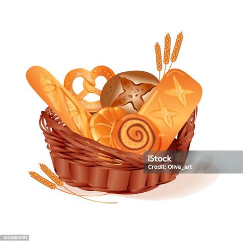 빵이 있는 고리버들 바구니 프레첼 만두 바게트 시아바타 크루아상 빵집에서 신선한 빵 흰색 배경의 벡터 그림입니다 바구니에 대한 스톡 벡터 아트 및 기타 이미지 Istock