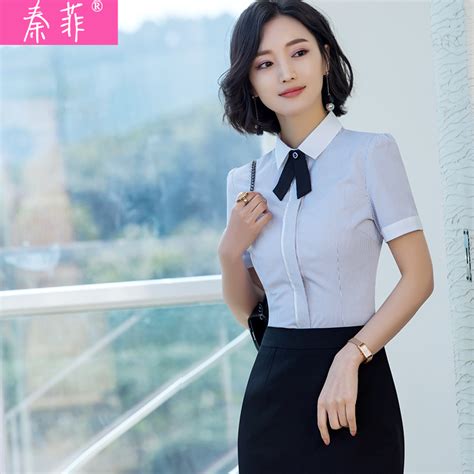 秦菲条纹衬衫女大码短袖夏新款职业装套装气质修身领结衬衣面试工装银行酒店前台工作服定制绣logo白底蓝条短袖衬衫 Xxl虎窝购