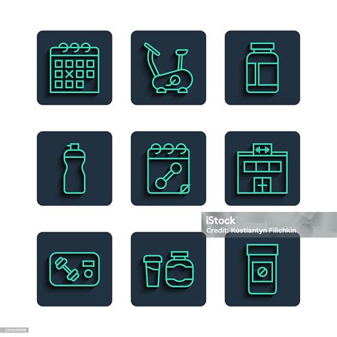 세트 라인 휘트니스 클럽 체육관 카드 스포츠 영양 단백 동화 약물 캘린더 피트니스 셰이커 및 체육관 건물 아이콘 벡터 건강한 생활방식에 대한 스톡 벡터 아트 및 기타 이미지