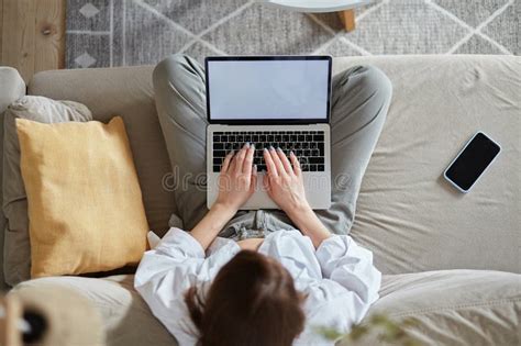 Mockup White Screen Laptop Woman Using Computer Sitting On Sofa At Home