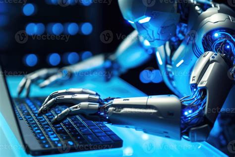 Close Up Photo A Futuristic Robot In Typing With A Laptop 26808887
