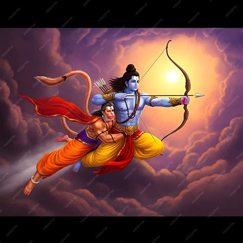 Lord Rama And Lord Hanuman Flying In The Sky Premium Ai Generated Image