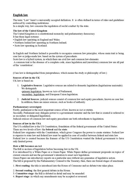 Inglese Giuridico English Law Sintesi Del Corso Di Inglese