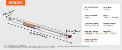 VEVOR Laser Tube 50W CO2 Laser Tube For Laser Engraver And Cutter