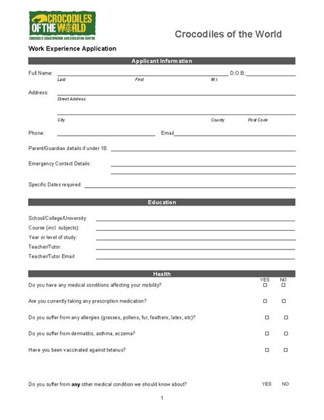 Work Experience Application Crocodiles Of The World Work Experience Application Applicant