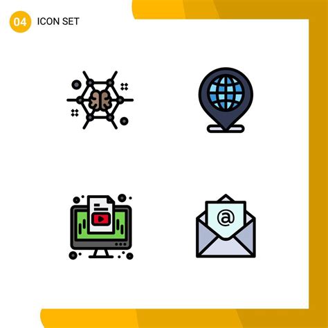 Set Of 4 Modern Ui Icons Symbols Signs For Mind Computer Brainstorming Globe Media Editable