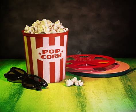 Cinema Movies Concept With A Pop Corn Bucket 3d Glasses And Film Tape