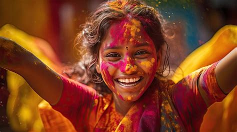 Premium Photo Beautiful Happy Indian Woman Celebrates Holi With