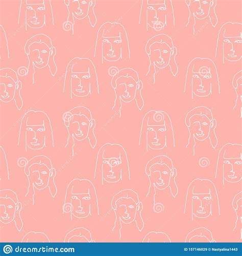 Modern Seamless Pattern With Linear Abstract Woman Face Continuous