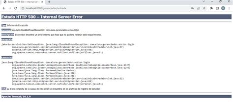 Estado 500 Internal Server Error Java Servlet Autenticación