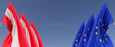 Three Flags Of European Union And Austria On Flagpoles On The Sides