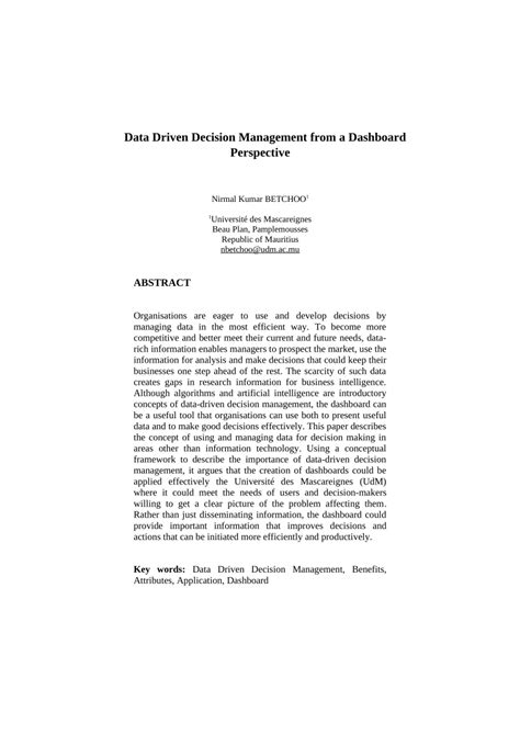 Pdf Data Driven Decision Management From A Dashboard Perspective