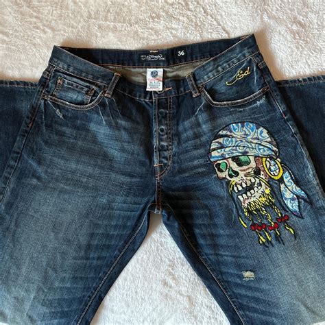 Ed Hardy Jeans Size 36x34 Pirate Skull Embroidered Depop