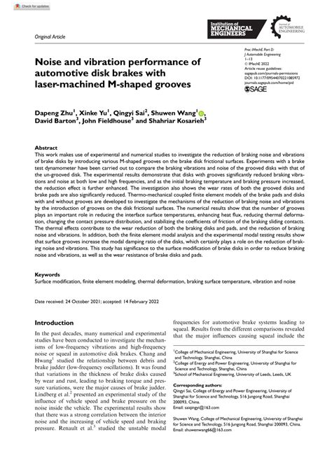 pdf noise and vibration performance of automotive disk brakes with laser machined m shaped grooves