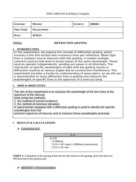 Exp08 Diffraction Grating Lab Report Template Pdf Diffraction Wavelength