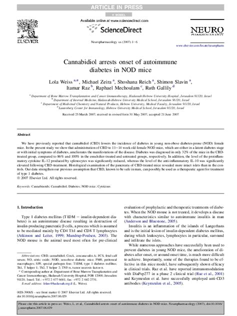 Pdf Cannabidiol Arrests Onset Of Autoimmune Diabetes In Nod Mice