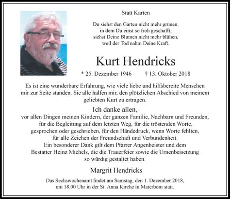Alle Traueranzeigen Für Kurt Hendricks Trauer Rp Online De