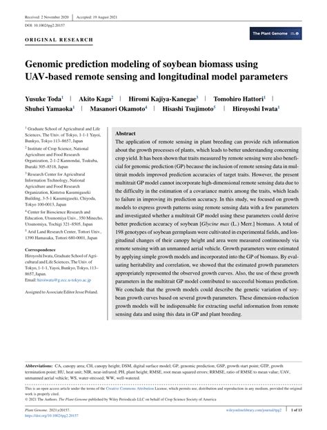 Pdf Genomic Prediction Modeling Of Soybean Biomass Using Uav‐based Remote Sensing And