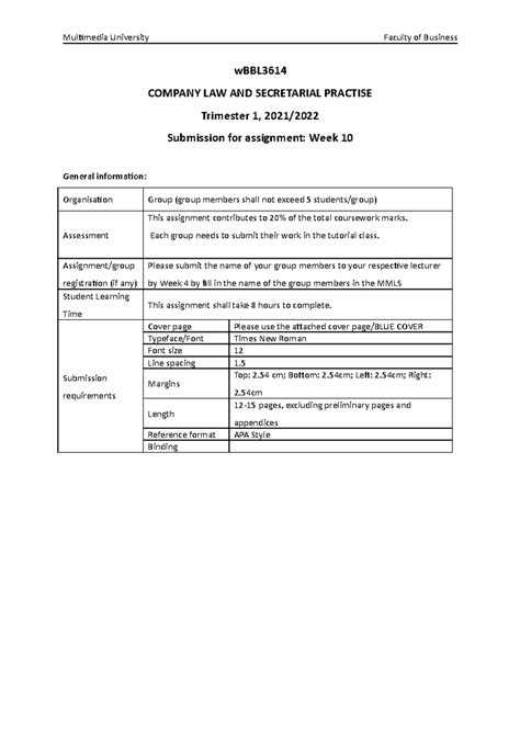 Company Law Assignment Multimedia University Faculty Of Business WBBL COMPANY LAW AND