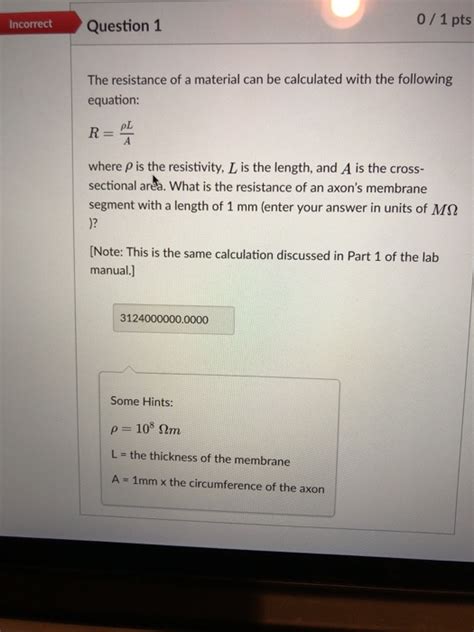 solved 0 1 pts incorrect question 1 the resistance of a