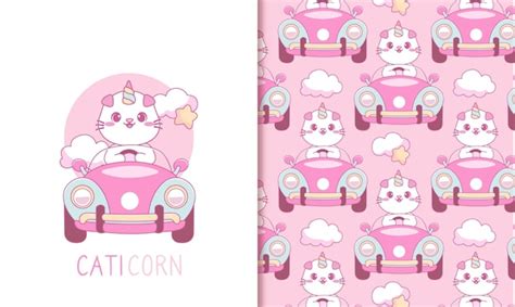 귀여운 Caticorn 원활한 패턴 아기 보육 패턴 및 카드 프리미엄 벡터