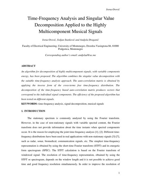 Pdf Time Frequency Analysis And Singular Value Decomposition Applied
