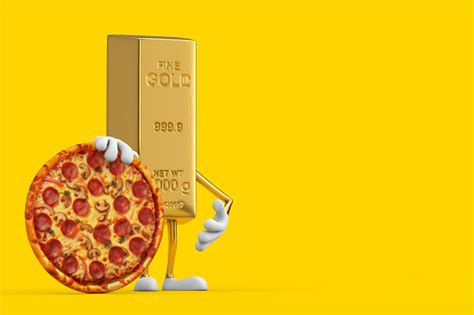 맛있는 페퍼로니 피자가 있는 골든 바 만화 인물 캐릭터 마스코트 3d 렌더링 0명에 대한 스톡 사진 및 기타 이미지 0명