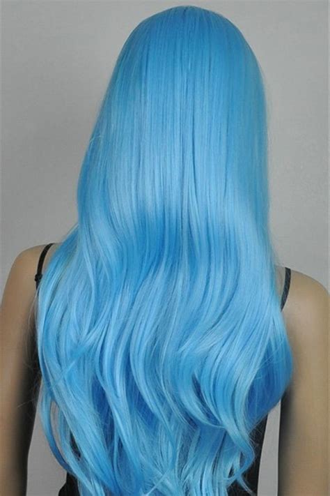 Light Blue Inclined Bang Chic Long Wavy Anime Cosplay Wig Light Blue