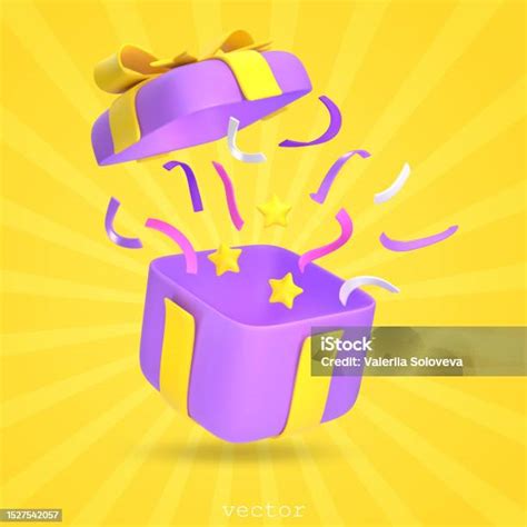 날아다니는 색종이와 별이 있는 3d 선물 상자가 있는 포스터 폭죽 놀라움의 상징 생일 파티 기념일을 위한 선물 상자 만화 스타일 노란색 배경에 벡터 3d 렌더링 그림 세일에