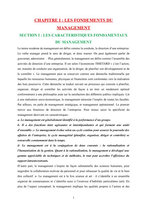 Management général cours CHAPITRE I LES FONDEMENTS DU MANAGEMENT
