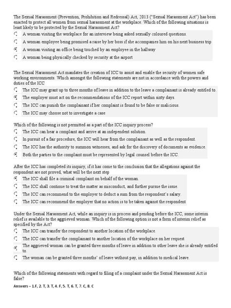 Sexual Harassment Quiz Master With Answers Pdf Sexual Harassment