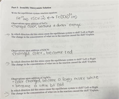 Solved Part 5 Iron Iii Thiocyanate Solution Write The