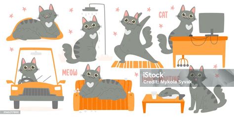사랑스러운 고양이 만화 캐릭터 일상 매일 작업 및 휴식 일정 벡터 일러스트 레이 션 애완고양이에 대한 스톡 벡터 아트 및 기타 이미지 애완고양이 등장인물 일과
